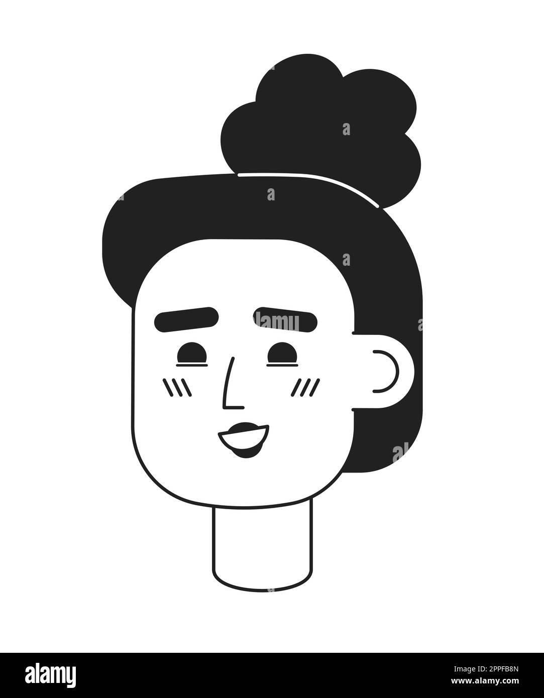 Happy Woman With High Messy Curly Bun Monochromatic Flat Vector