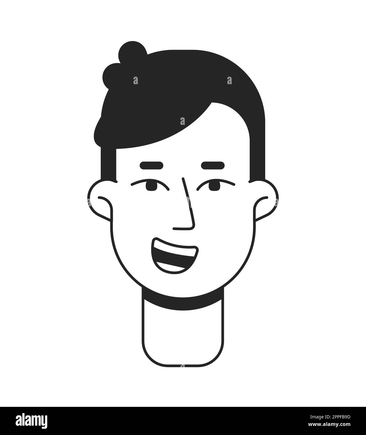 Grinning young man front flat line monochromatic vector character head ...
