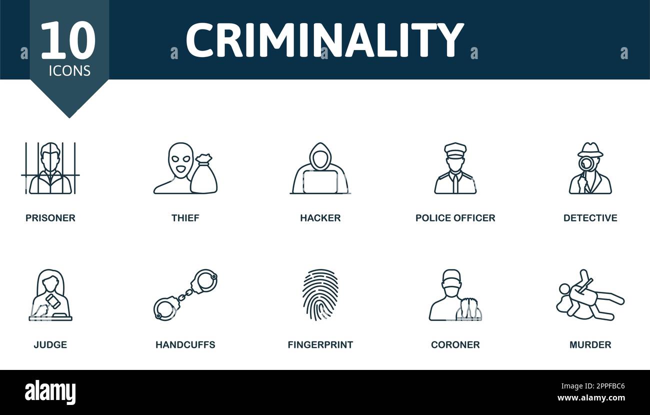 Criminality outline set. Creative icons: prisoner, thief, hacker ...