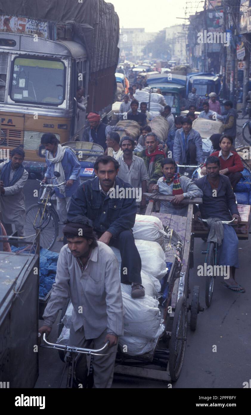 a rickshaw Taxi in the old Town of Old Delhi in the city of Delhi in ...