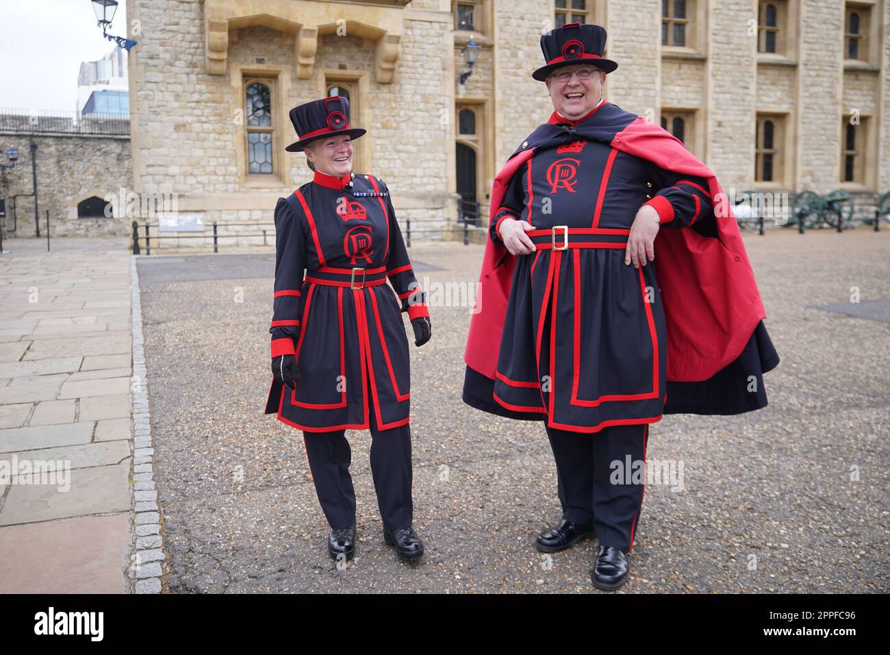 Yeoman Warders, also known as Beefeaters, in their new uniform for King Charles III's coronation ...