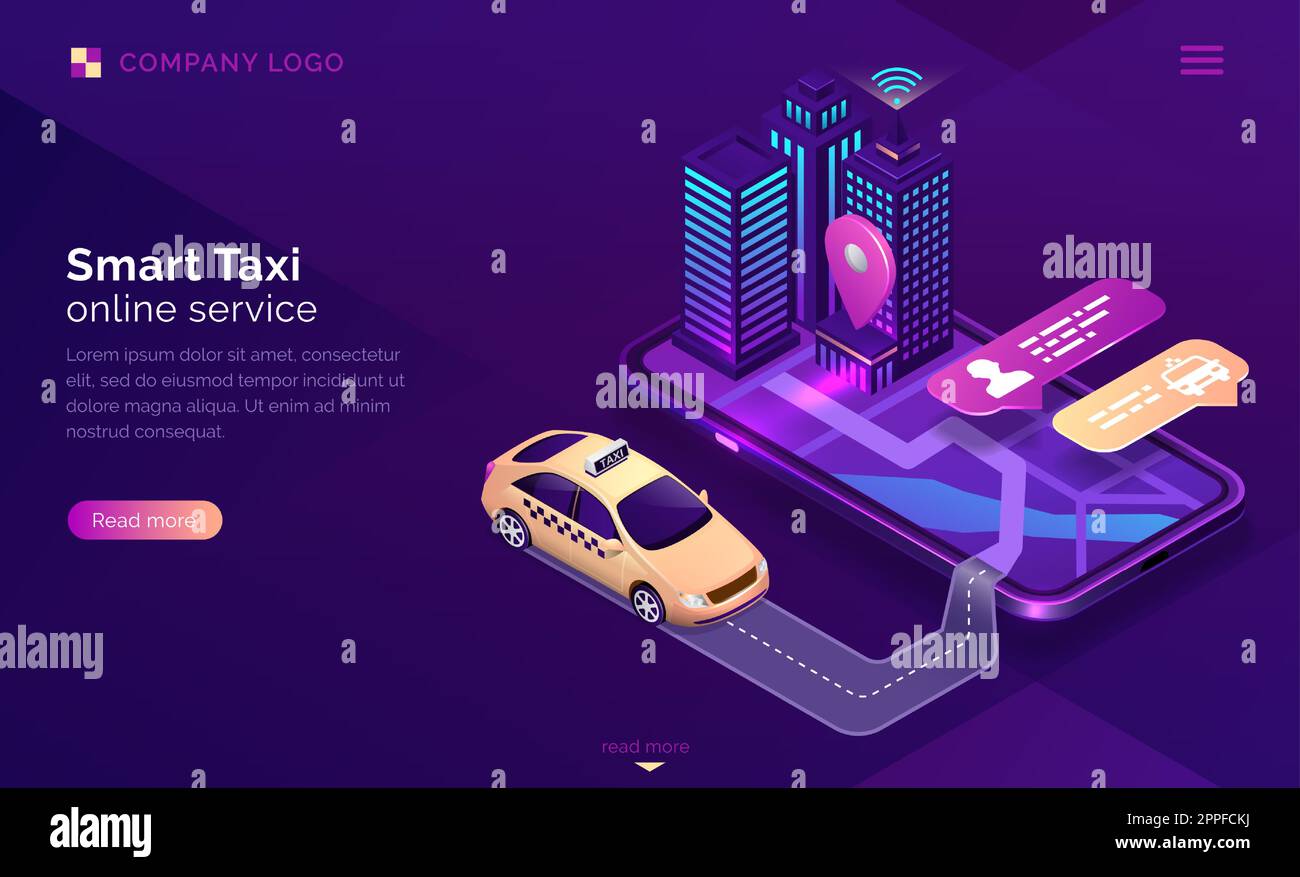 Smart taxi online service isometric landing page. Yellow cab driving ...
