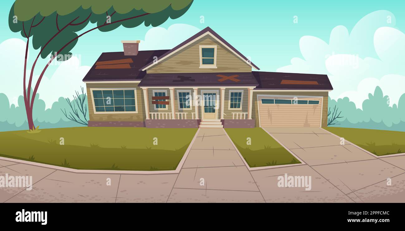 Abandoned house, old residential suburban cottage with boarded up ...