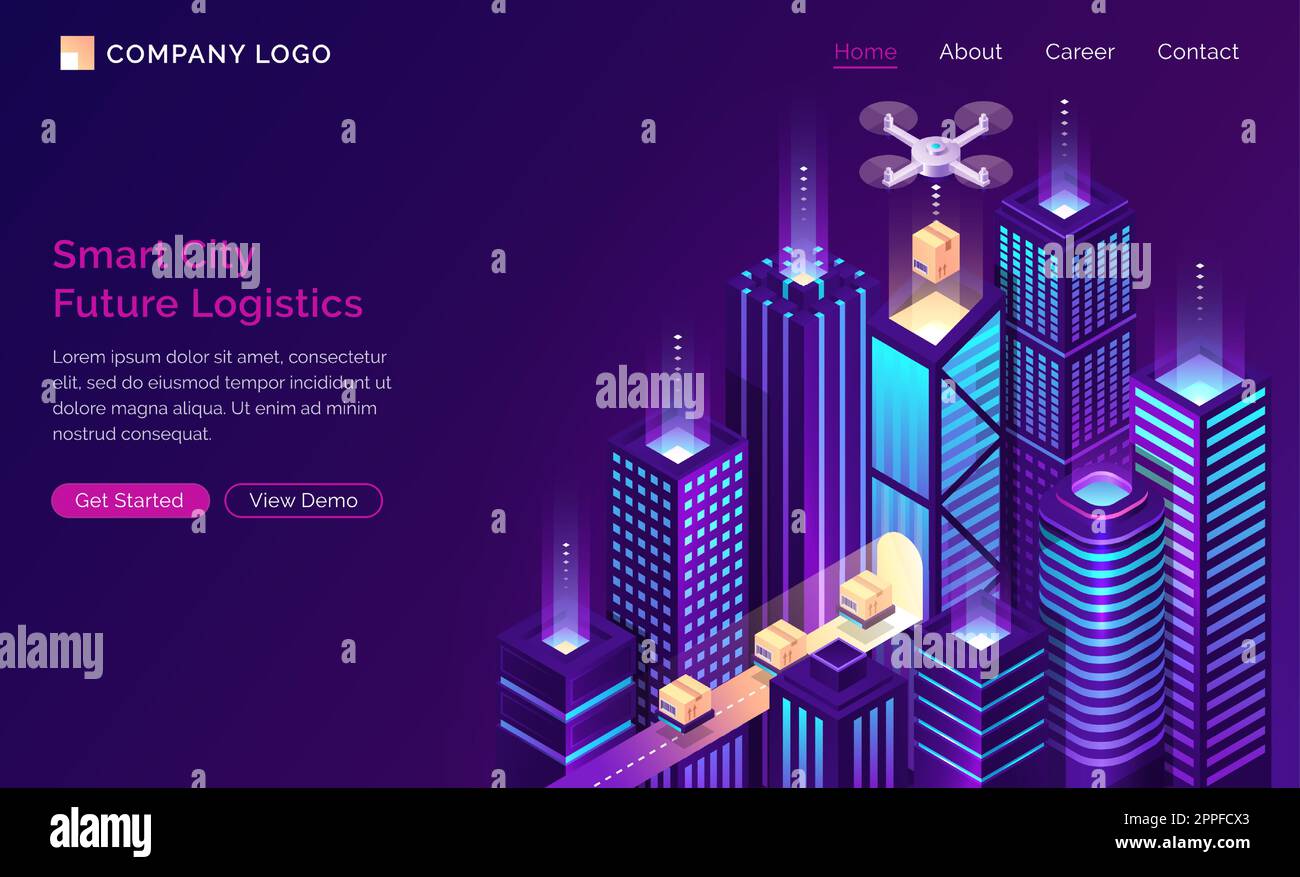 Smart city future logistic isometric landing page. Drone delivery cargo ...