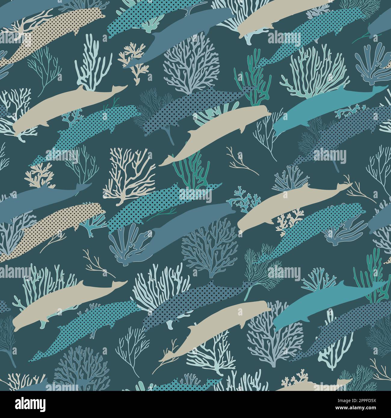Seamless pattern with whales. Bottlenose whales vector illustration . Perfect for wallpaper, web ...