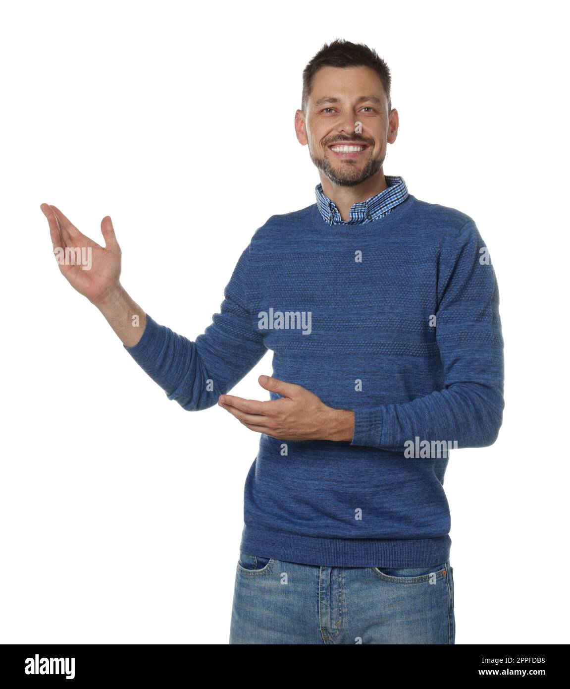 Handsome man gesturing on white background. Weather forecast reporter ...