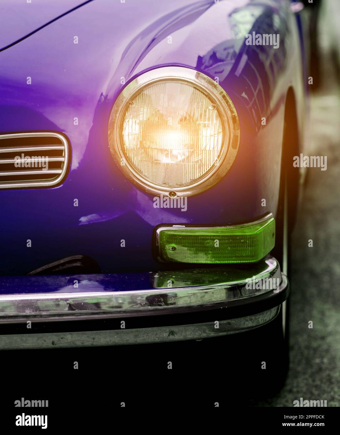 round retro car headlights. vintage auto. old blue classic automobile ...