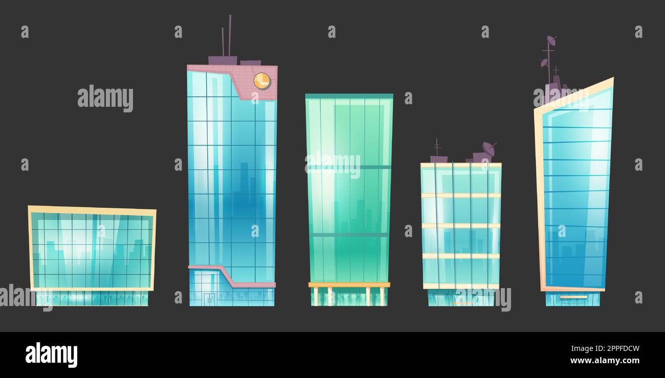 Skyscraper buildings set, modern house architecture. City towers with glass windows and ...