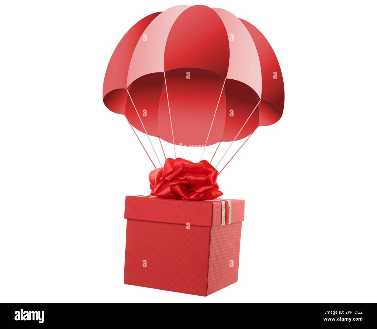 Red gift box with parachute flying on white background Stock Photo - Alamy