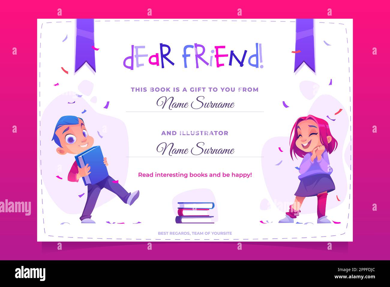 Gift book banner, present card to child. Creative flyer with schoolboy ...