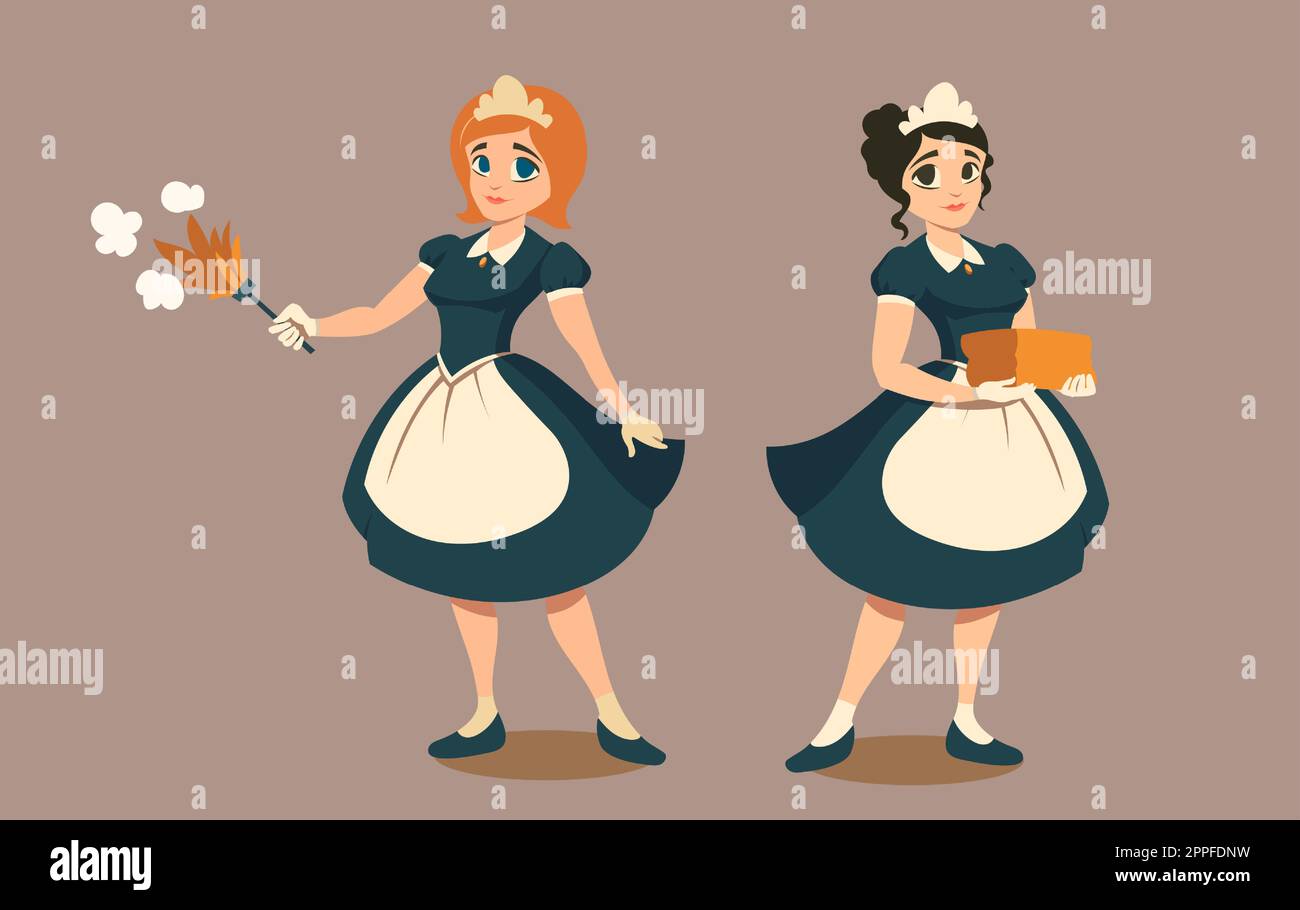 Housemaids with duster and stack of linen or towels. Happy young girls ...