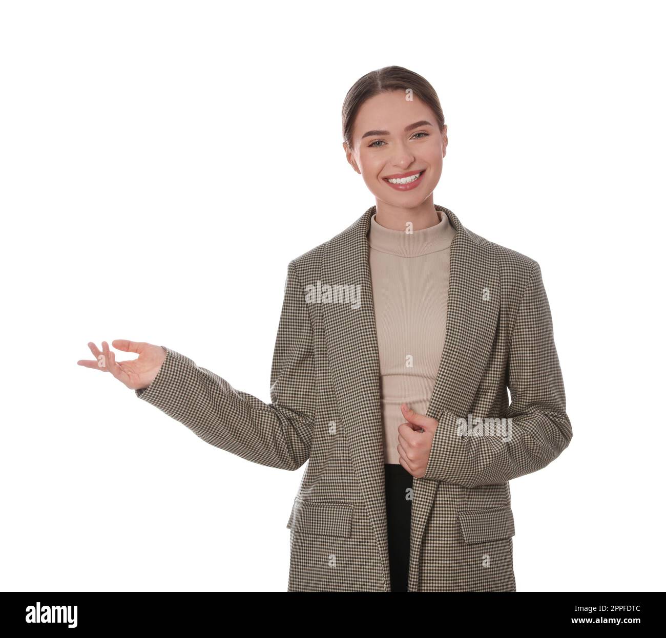 Beautiful woman on white background. Weather forecast reporter Stock ...