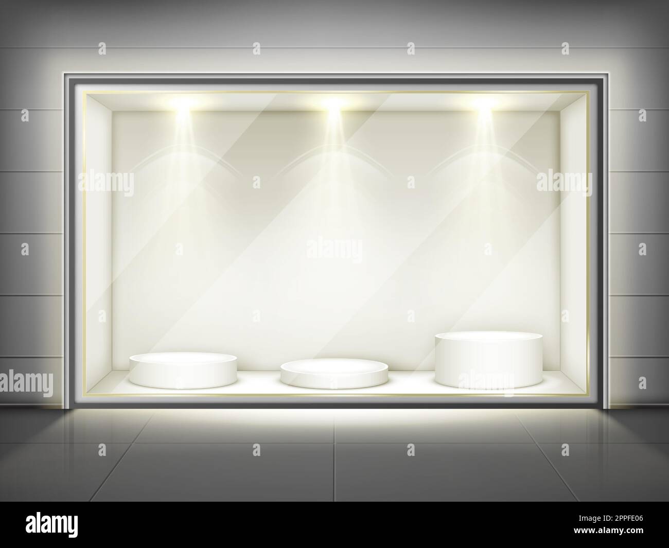Showcase with glass wall, round podiums and spotlights. Vector ...