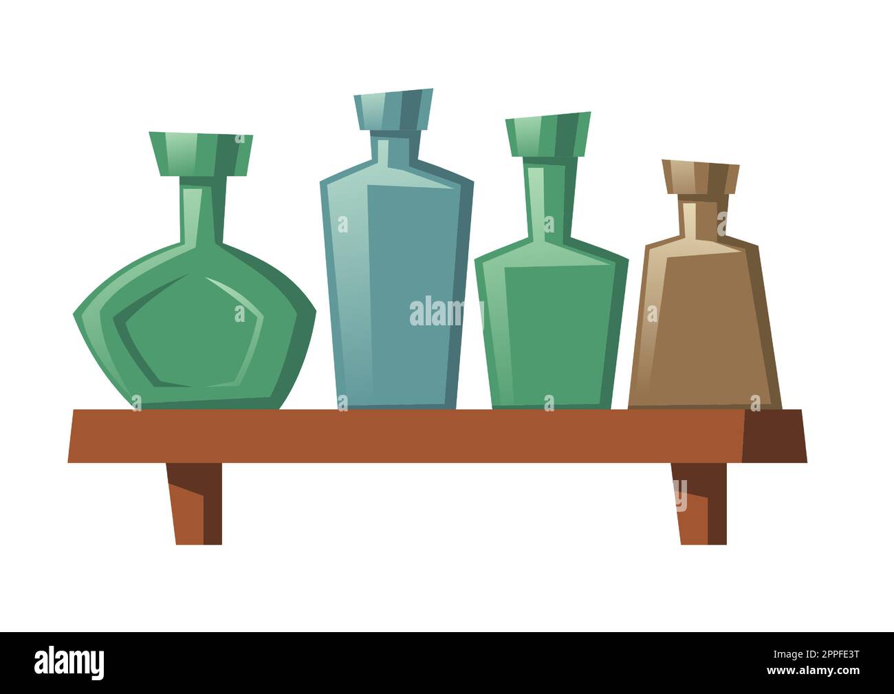 Cartoon glass bottles of various shapes and colors stand on wooden ...