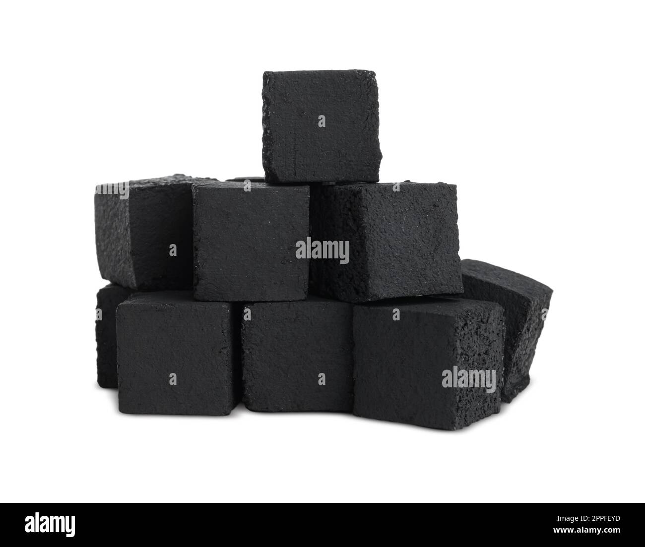 Stack of charcoal cubes for hookah on white background Stock Photo - Alamy