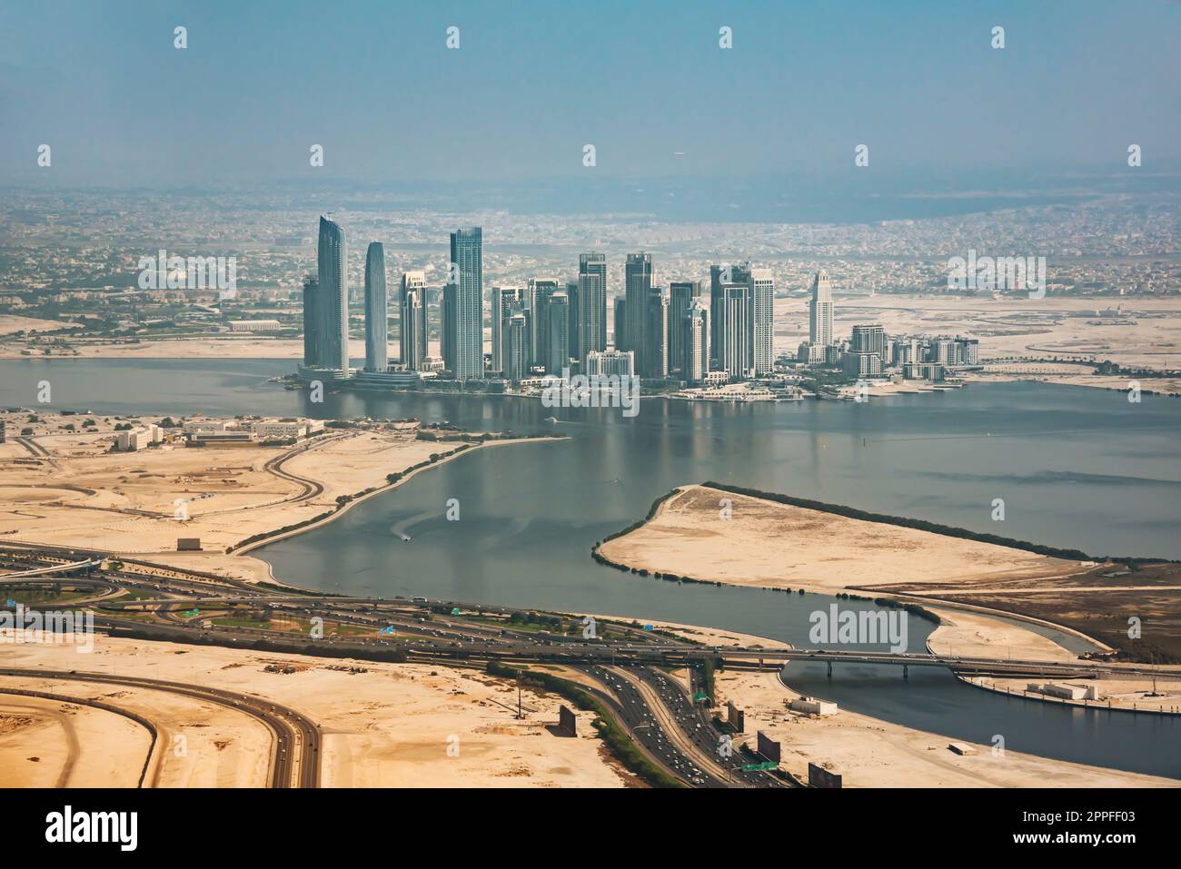 Dubai city seen from above, panoramic view of modern skyscraper ...