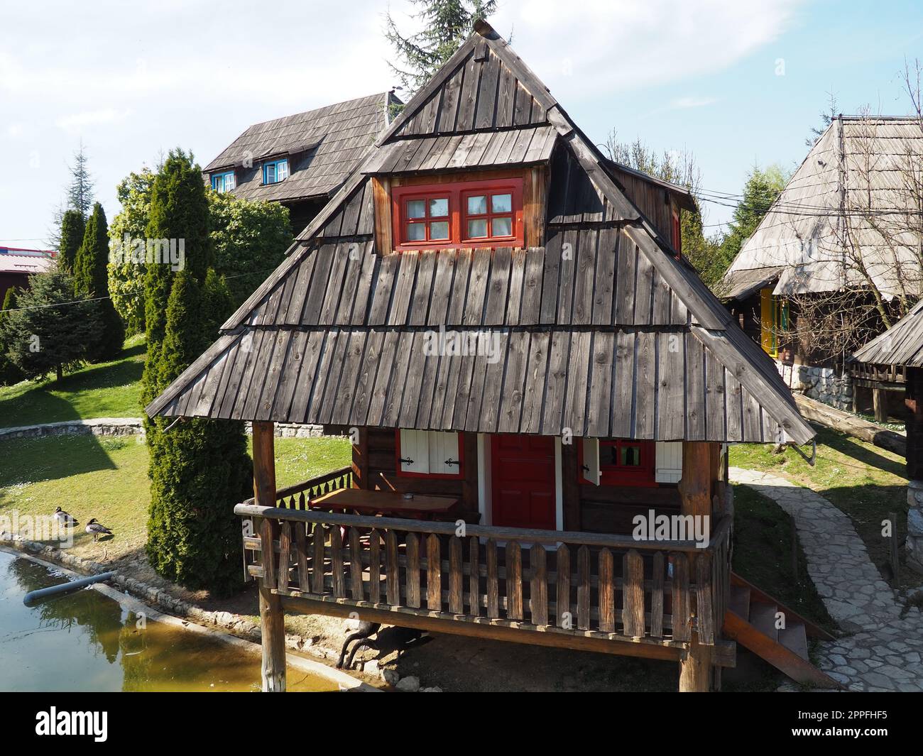 Stanisici, Bijelina, Bosnia and Herzegovina, 25 April 2021. Log village ...