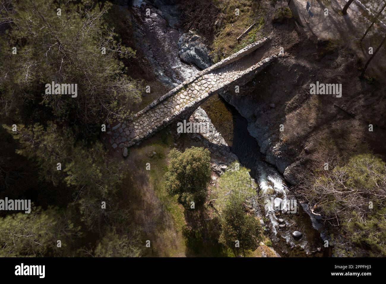 Overhead view of Elia medieval stone bridge in Troodos mountains ...