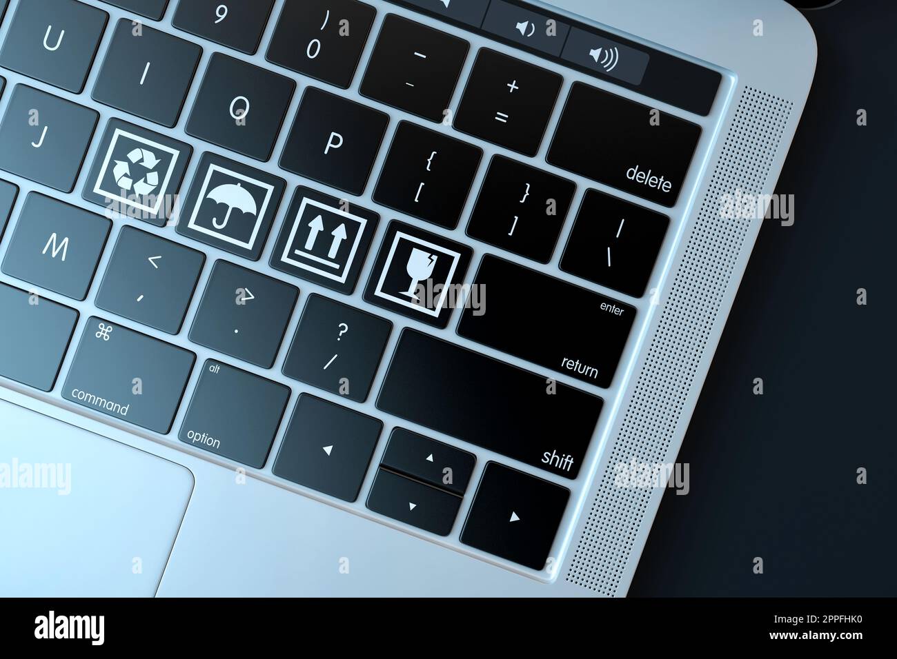 Fragile symbols on laptop keyboard. Technology concept. 3D Rendering ...