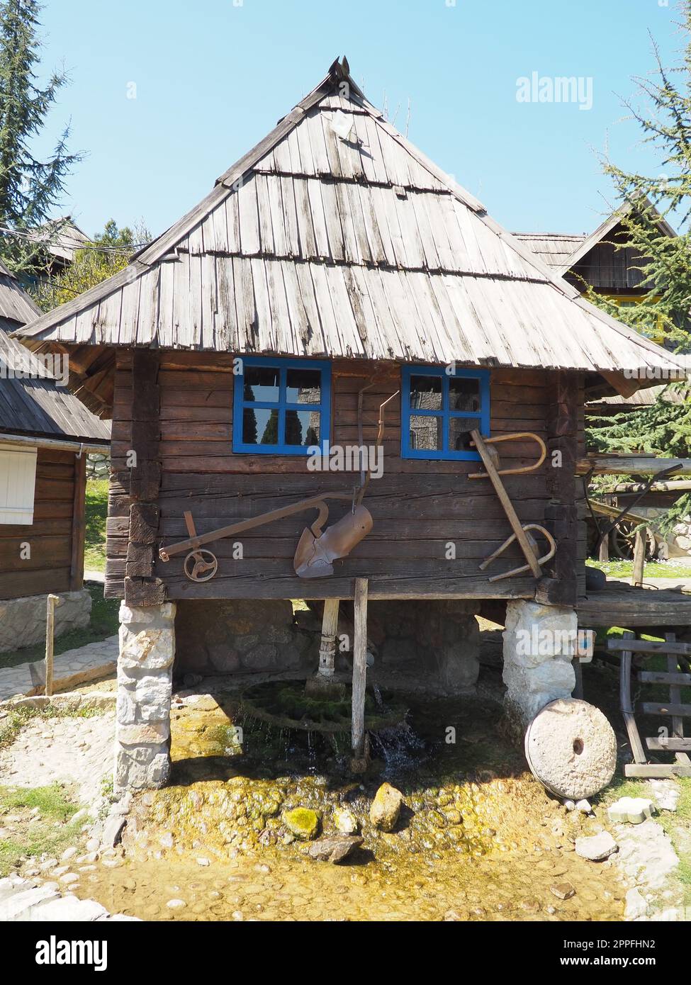 Stanisici, Bijelina, Bosnia and Herzegovina, 25 April 2021. Log village ...