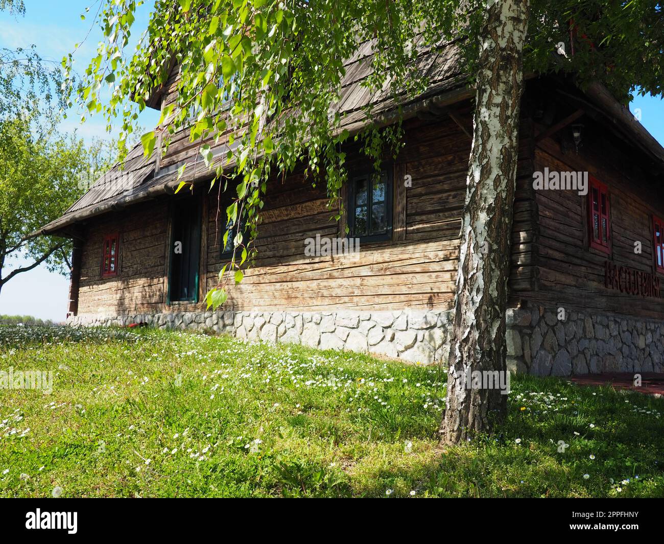Stanisici, Bijelina, Bosnia and Herzegovina, 25 April 2021. Log village ...
