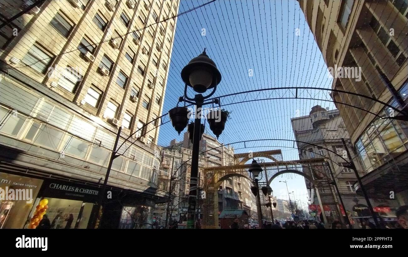 The center of the big city. Pedestrian tourist street. Top down view ...