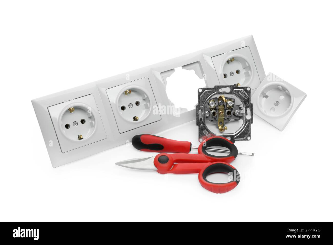 Set of sockets and electrician's tools isolated on white Stock Photo ...