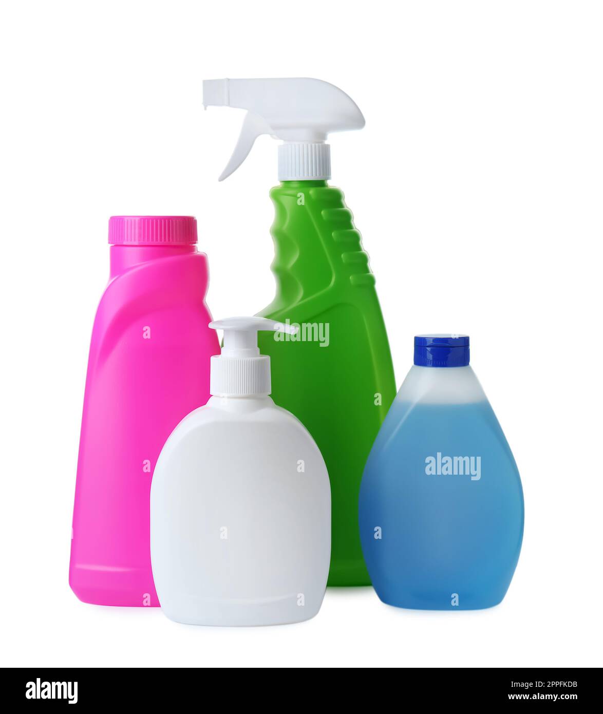 Bottles with different detergents on white background. Cleaning ...