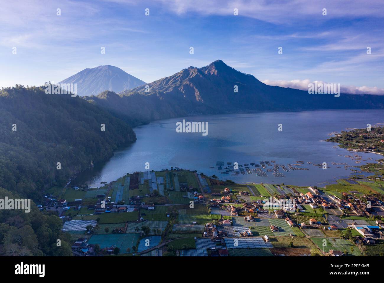Aerial drone view of the Batur lake in Bali Indonesia Stock Photo - Alamy