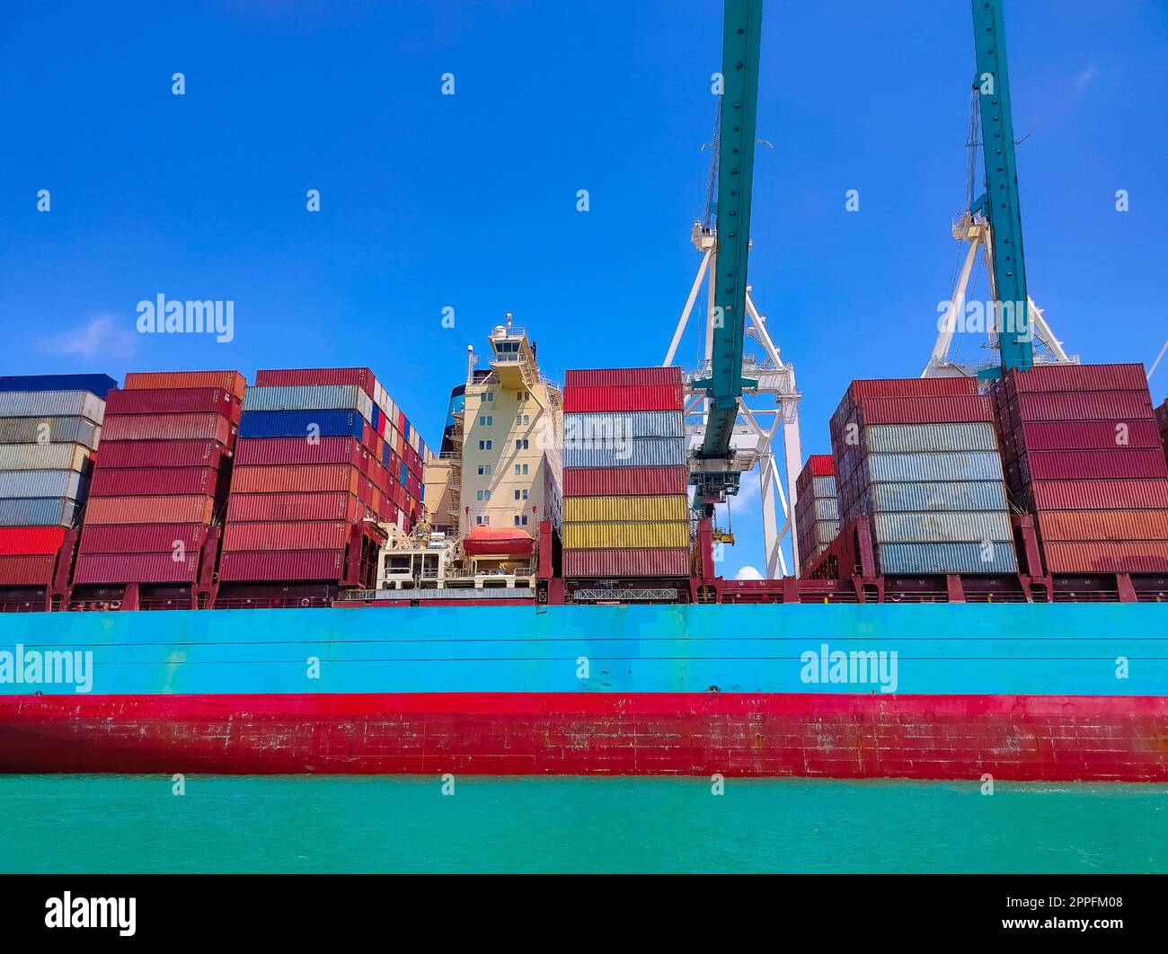 Container ship at Port Miami, one of the largest cargo ports in the US ...