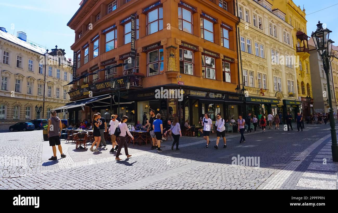 The people going near houses of old architecture in Old Town Stock ...