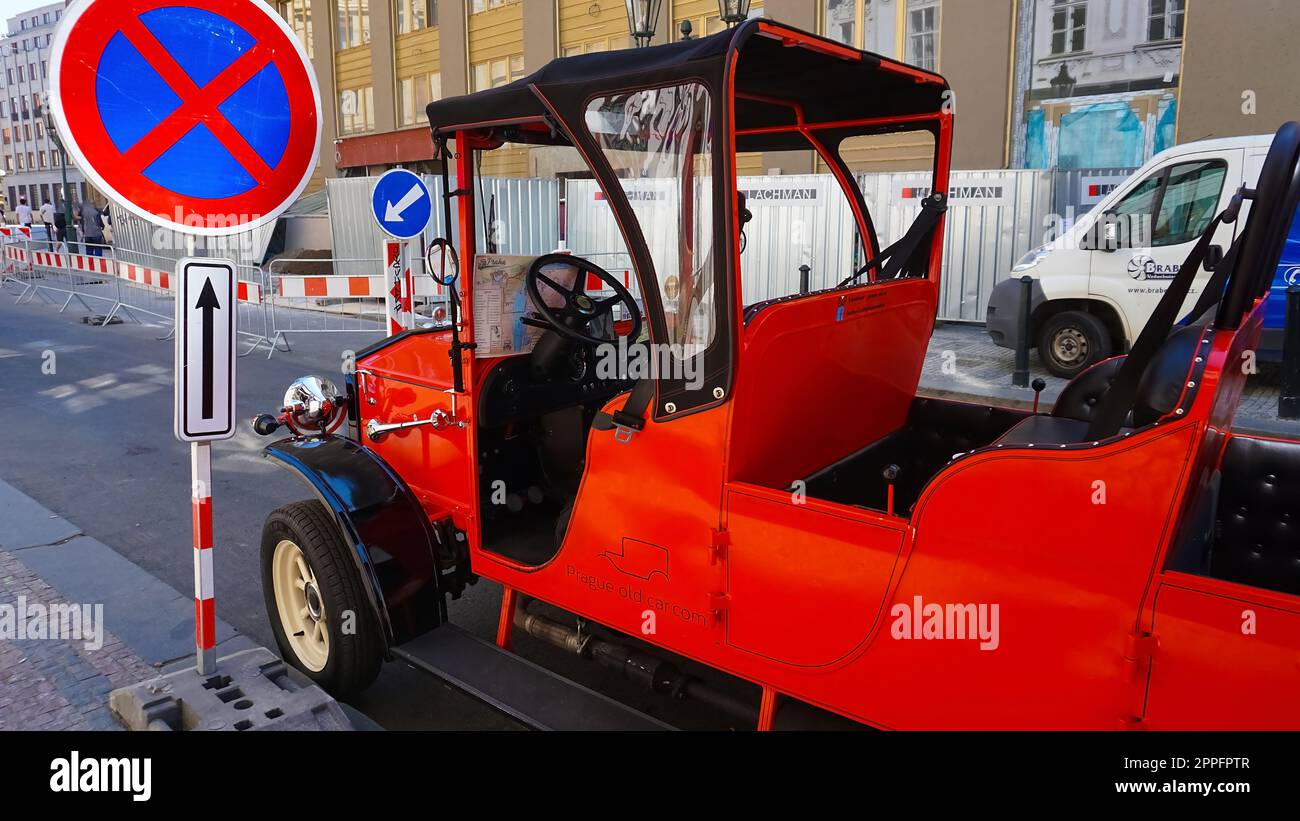 Prague, Czech Republic - May 11, 2022: An old style red car on the ...