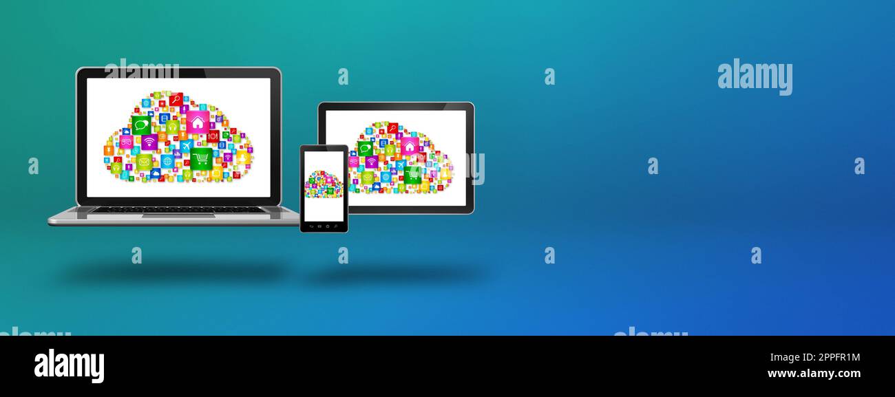 Cloud computing symbol and icons on a computer set Stock Photo - Alamy