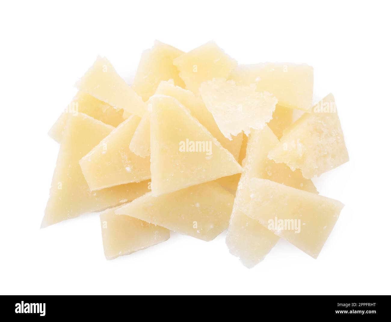 Pile of parmesan cheese pieces on white background, top view Stock ...
