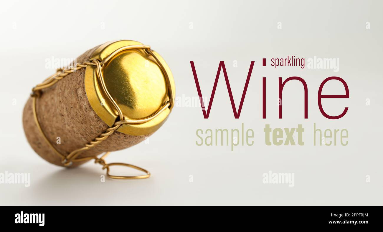 Sparkling wine cork with muselet cap on white background. Space for ...