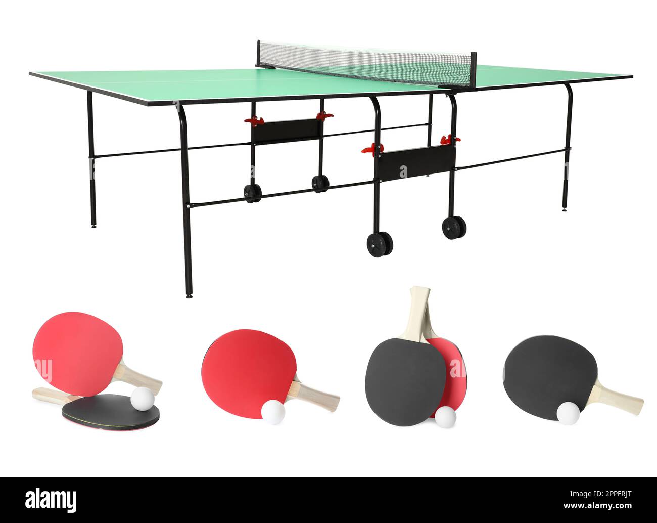 Green ping pong table and rackets with balls on white background Stock ...