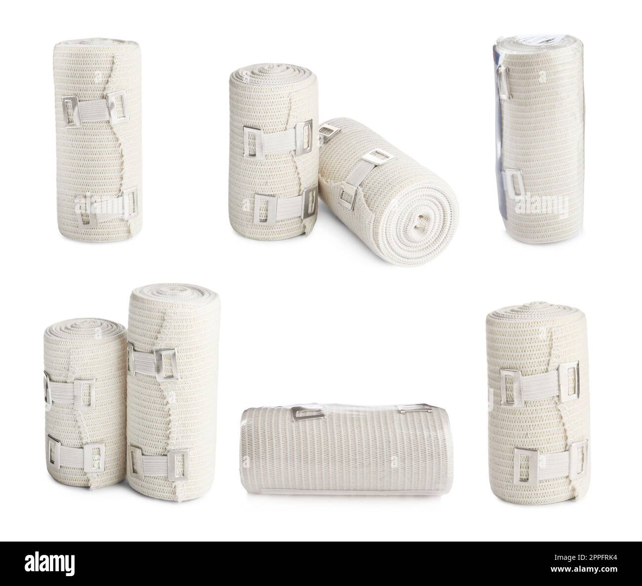Set with elastic bandages on white background Stock Photo - Alamy