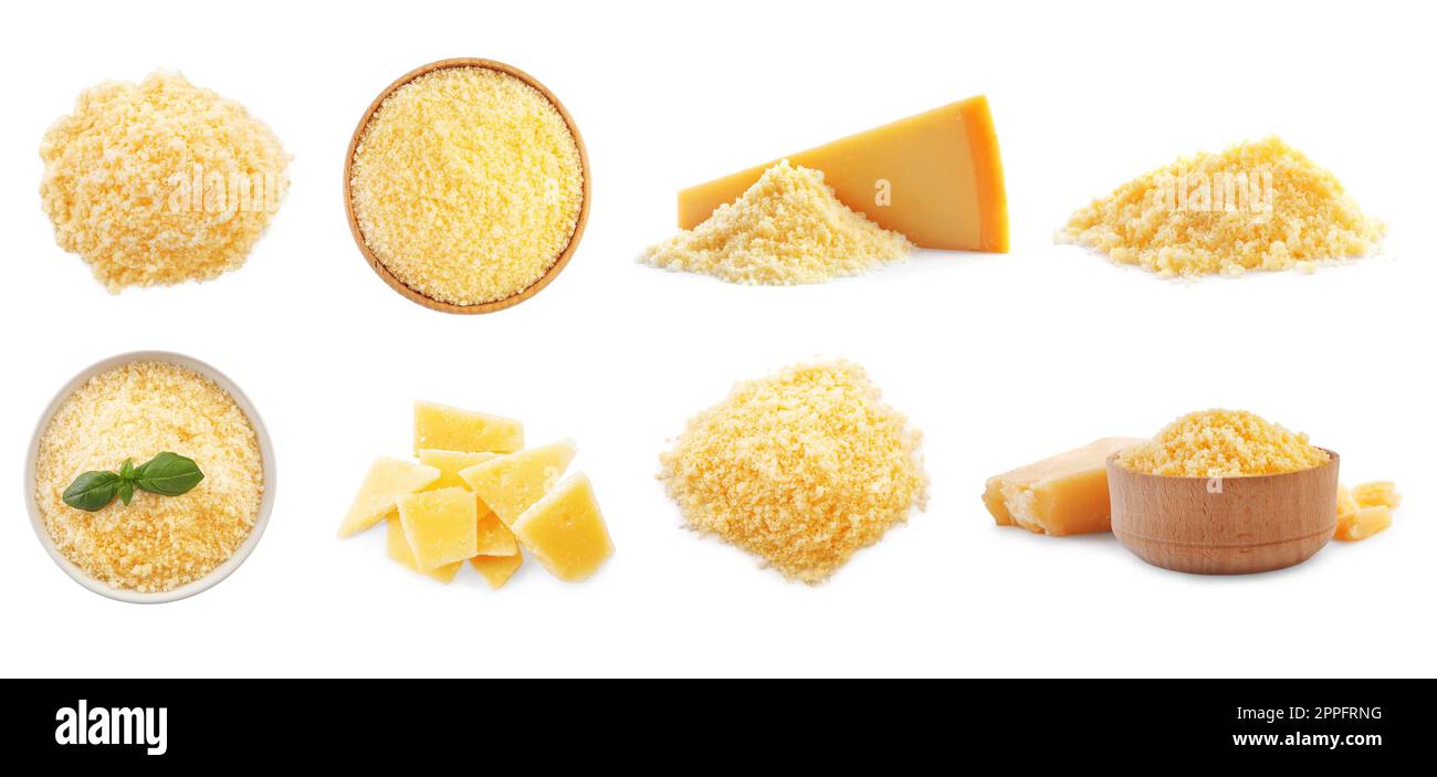 Set with delicious parmesan cheese on white background. Banner design ...