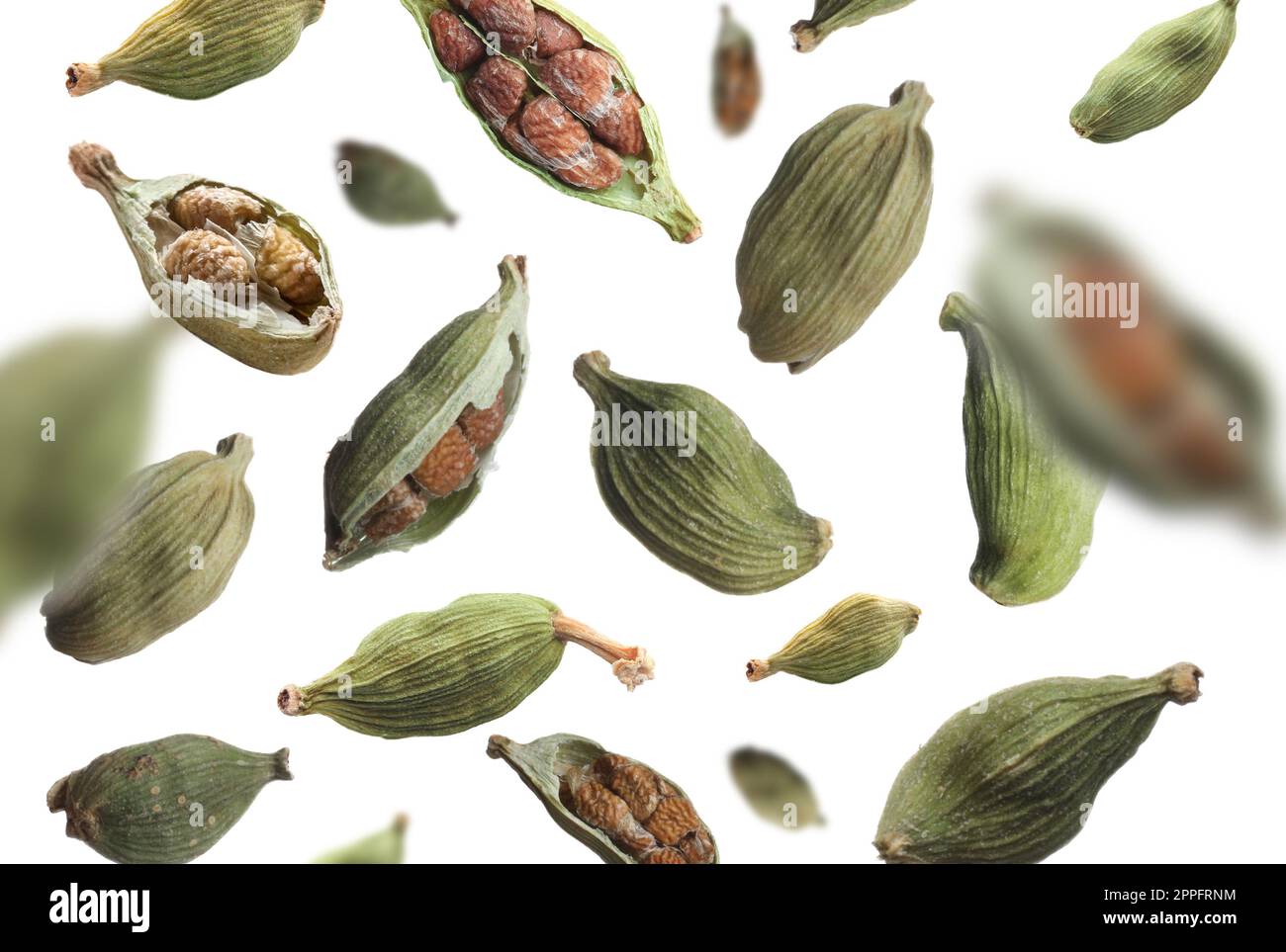 Dry green cardamom pods with seeds falling on white background Stock ...