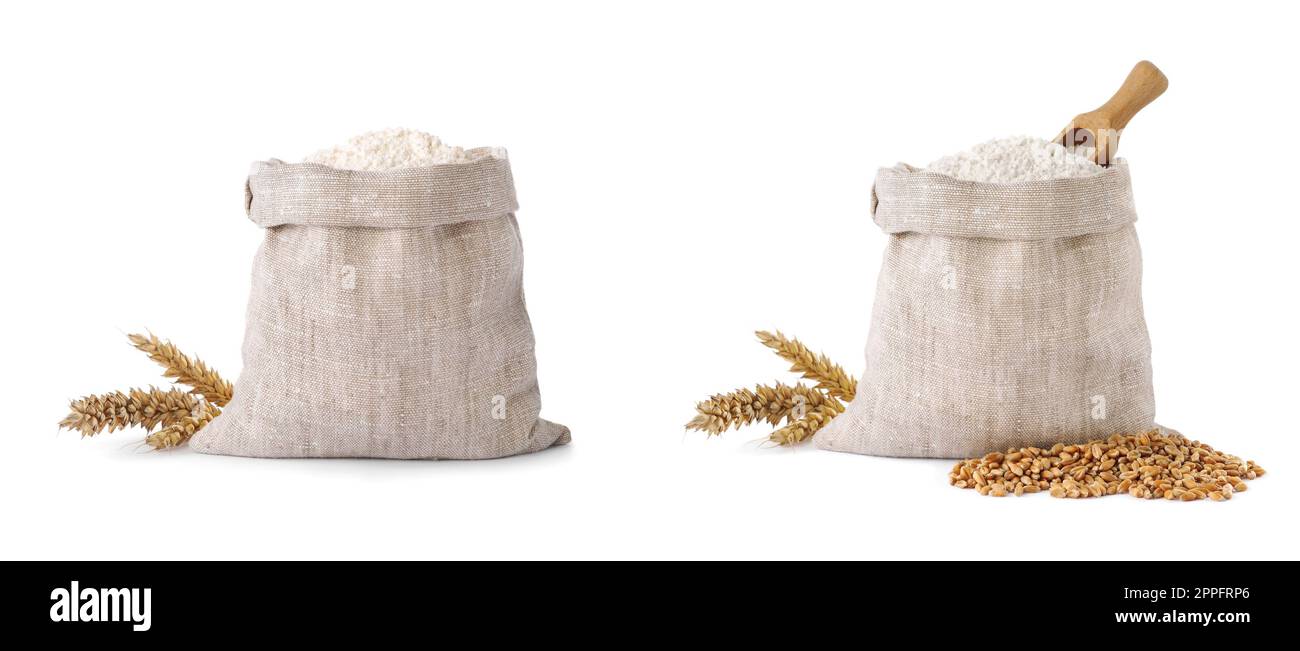 Bags with wheat flour on white background, collage. Banner design Stock ...