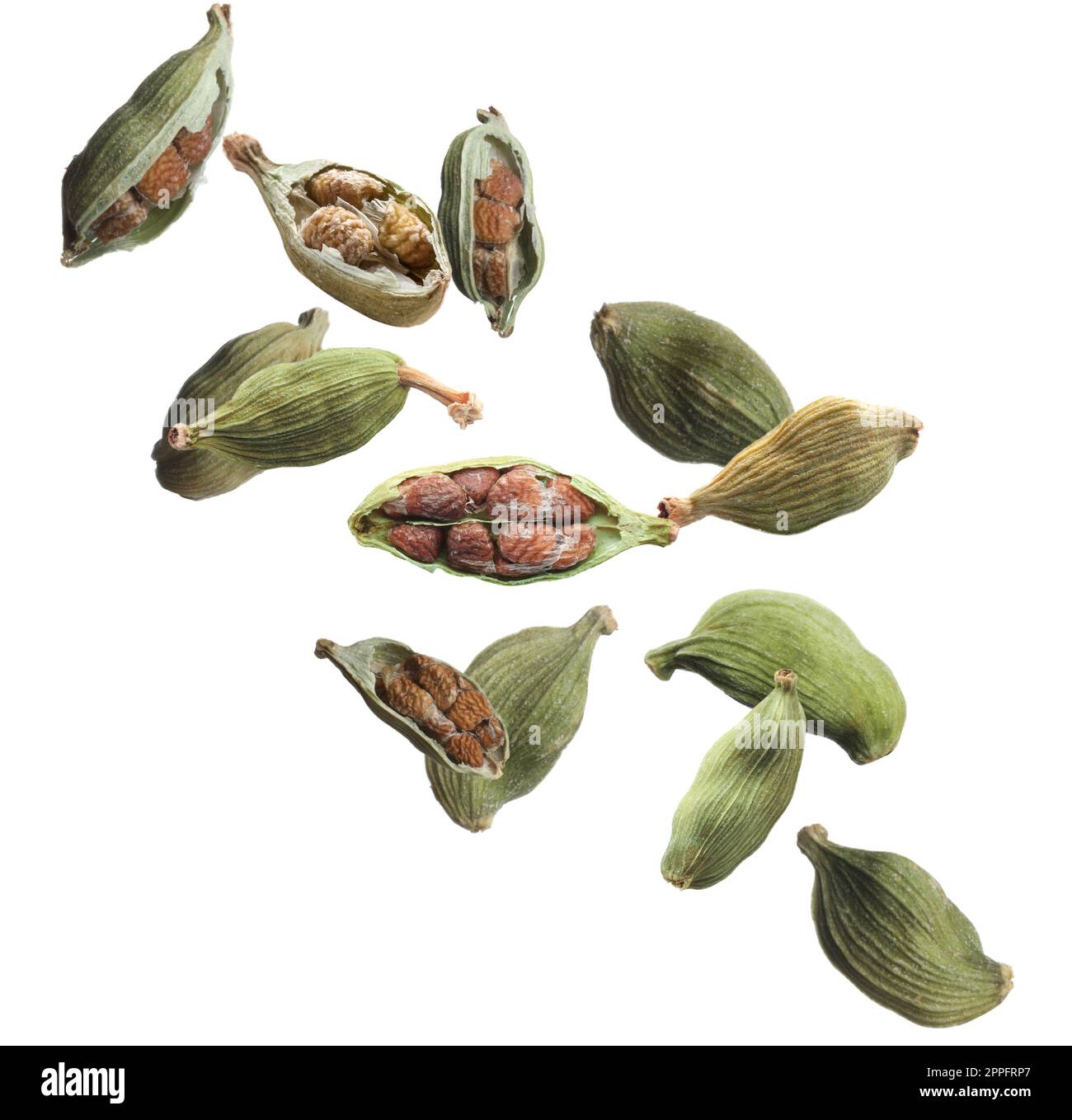 Dry green cardamom pods with seeds falling on white background Stock ...