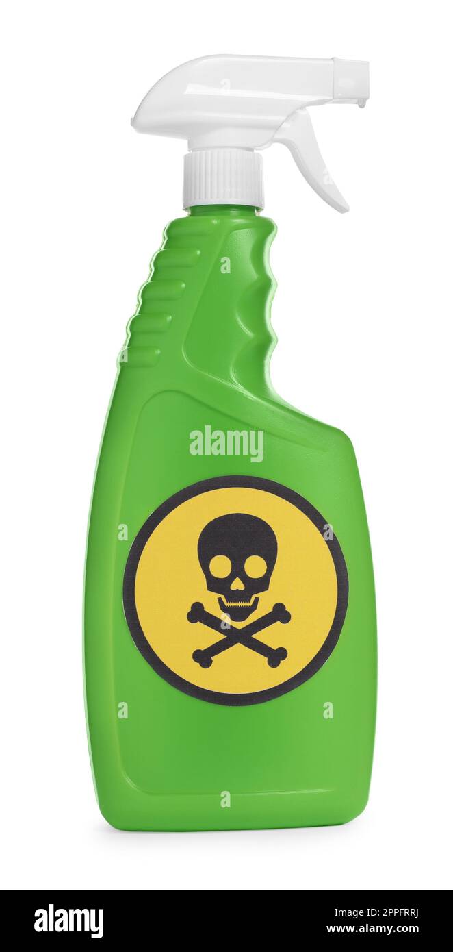 Bottle of toxic household chemical with warning sign isolated on white ...