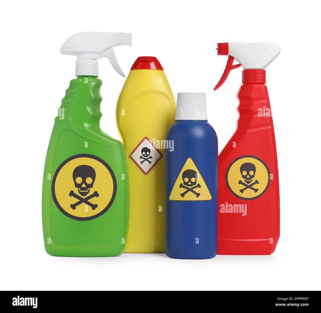 Bottles of toxic household chemicals with warning signs on white ...