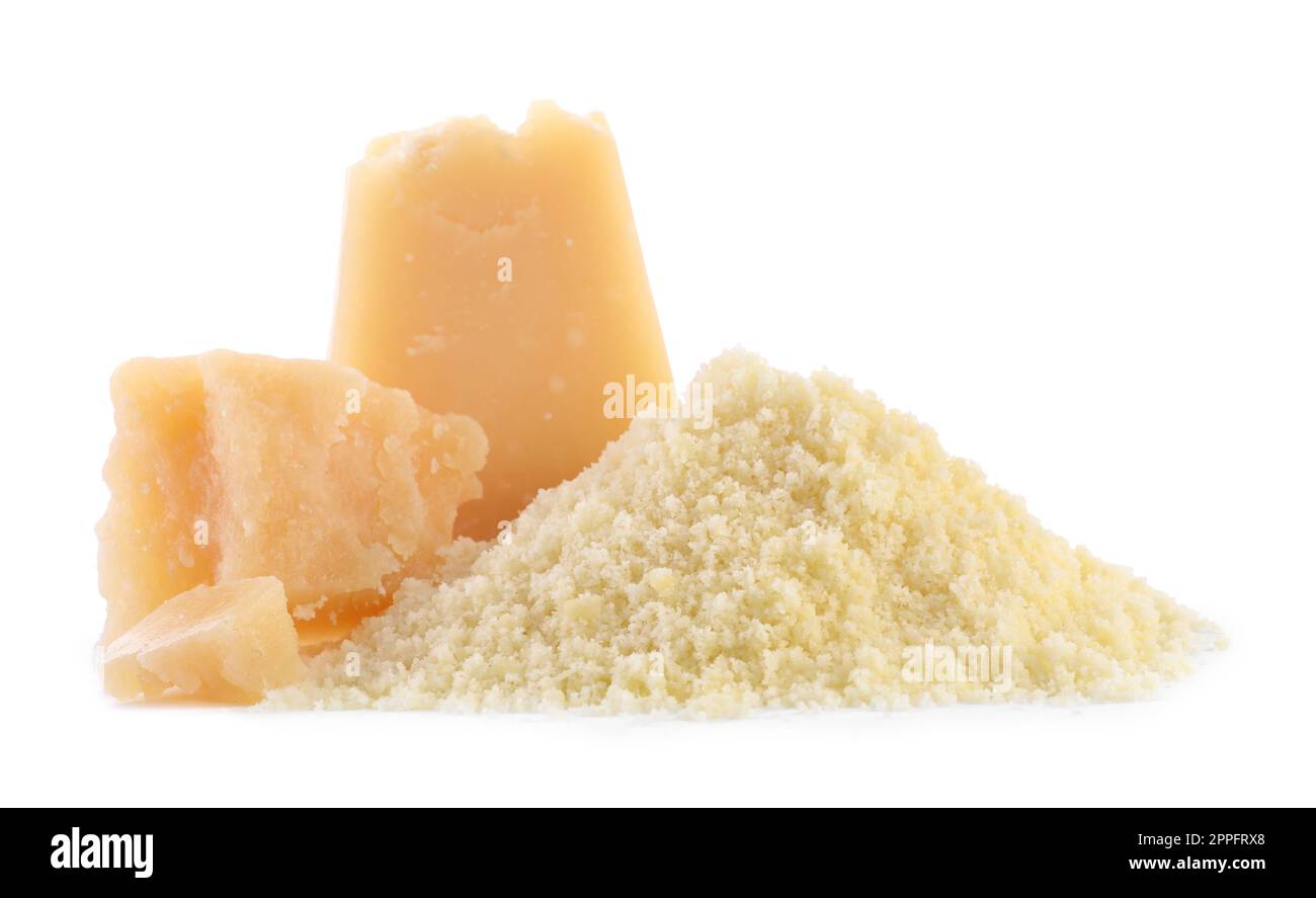 Delicious grated parmesan cheese on white background Stock Photo - Alamy