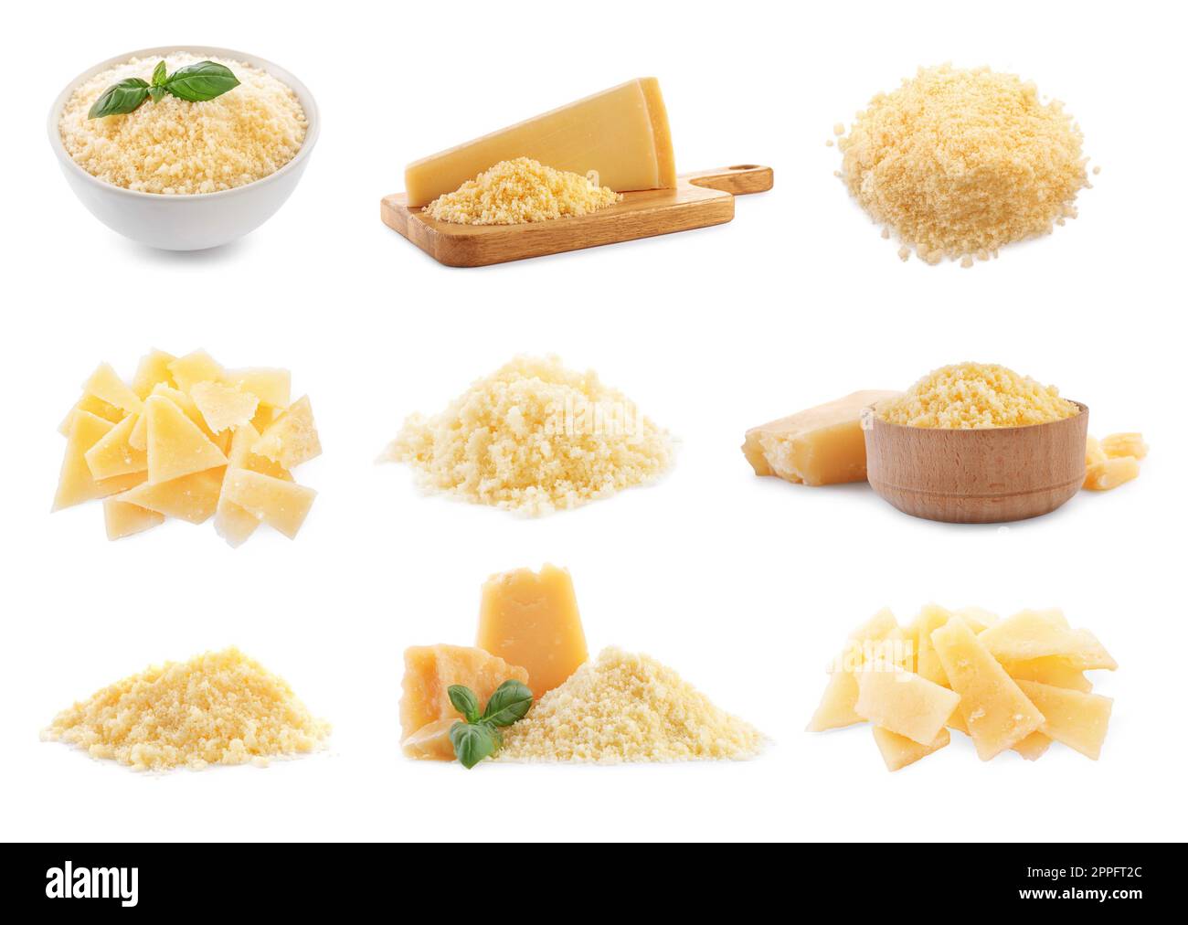 Set with delicious parmesan cheese on white background Stock Photo - Alamy