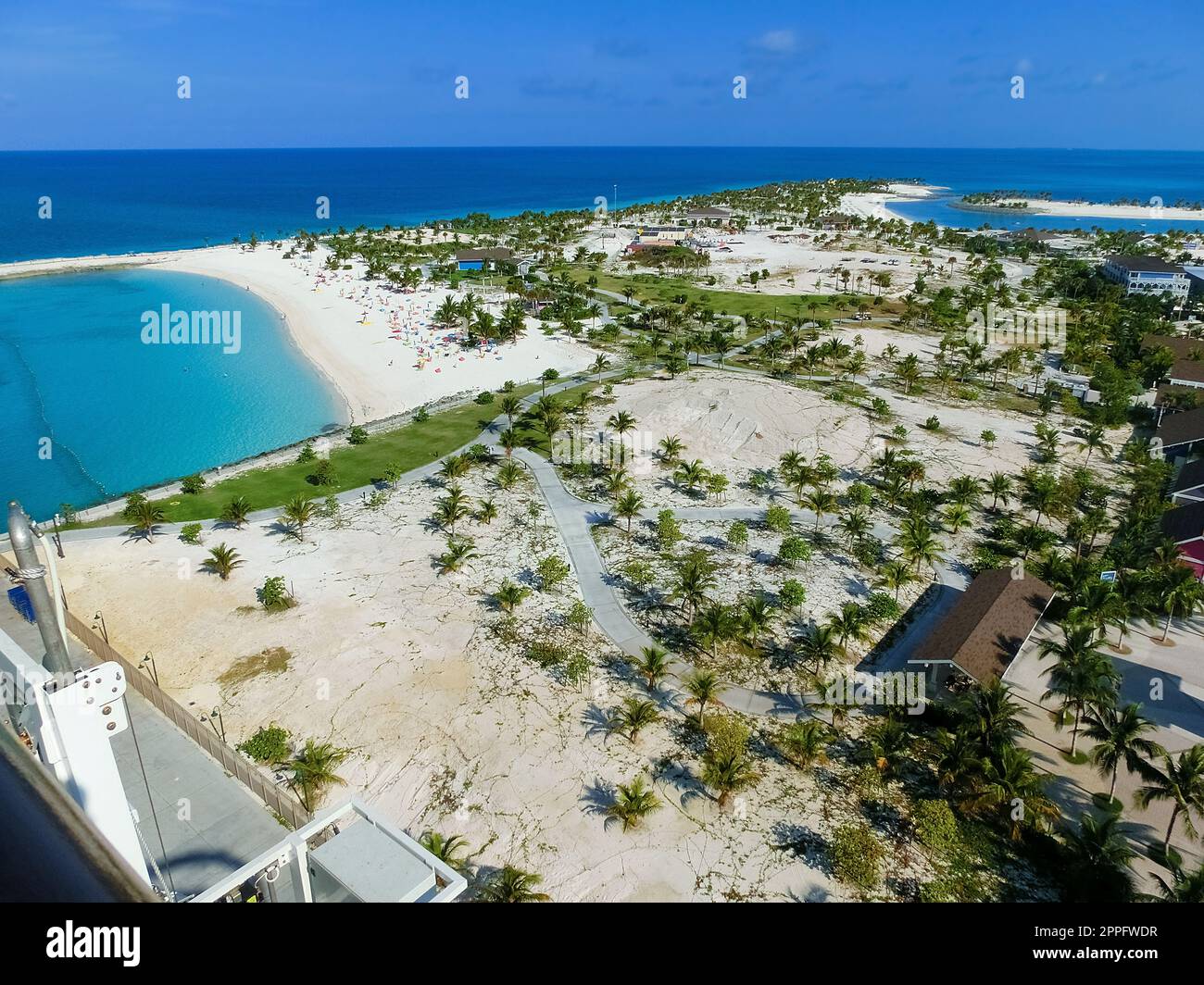 Beach on Ocean Cay Bahamas Island with a colorful houses and turquoise ...