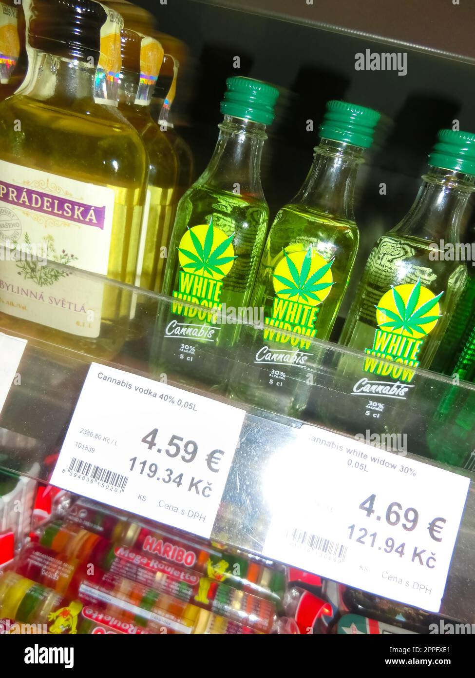Cannabis alcohol drink bottle white widow vodka in a Prague shop Stock ...