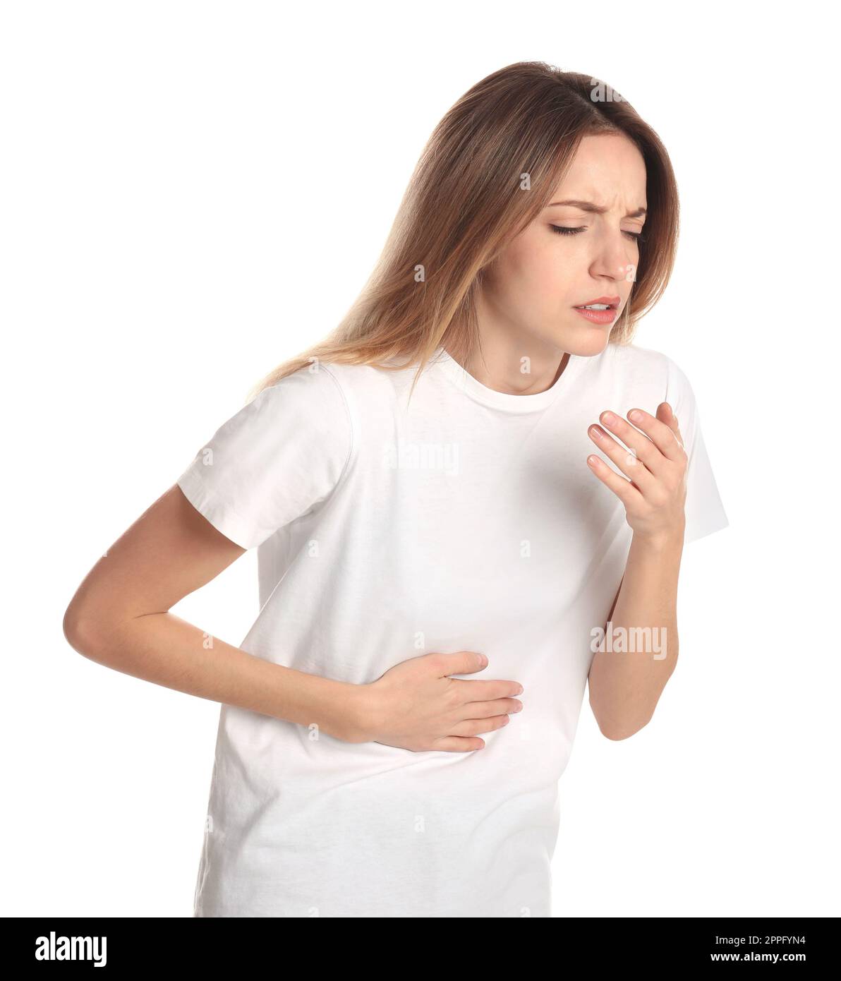 Woman suffering from nausea on white background. Food poisoning Stock ...