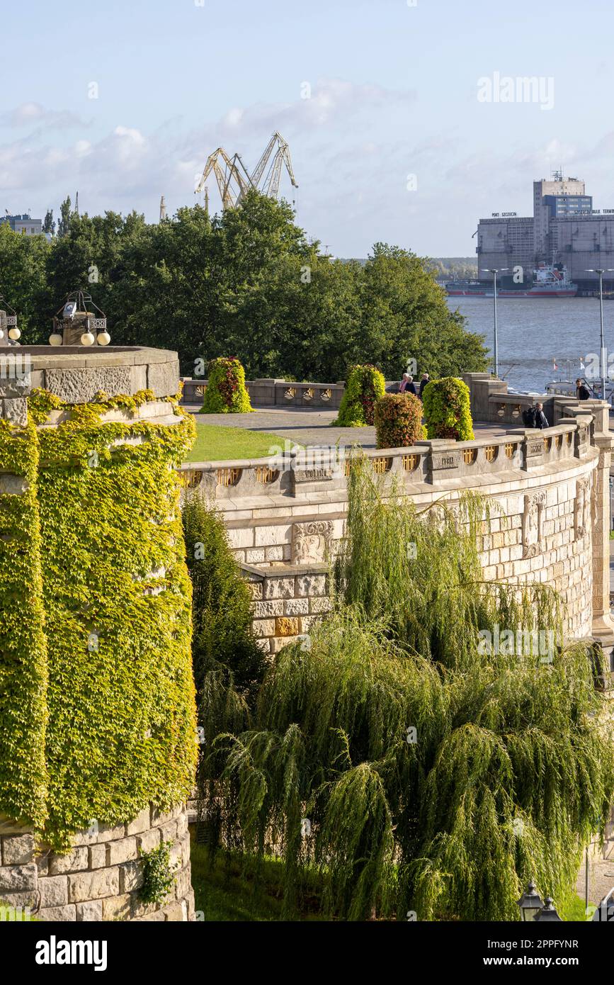 The Chrobry Embankment, observation deck, historic terrace along Odra ...