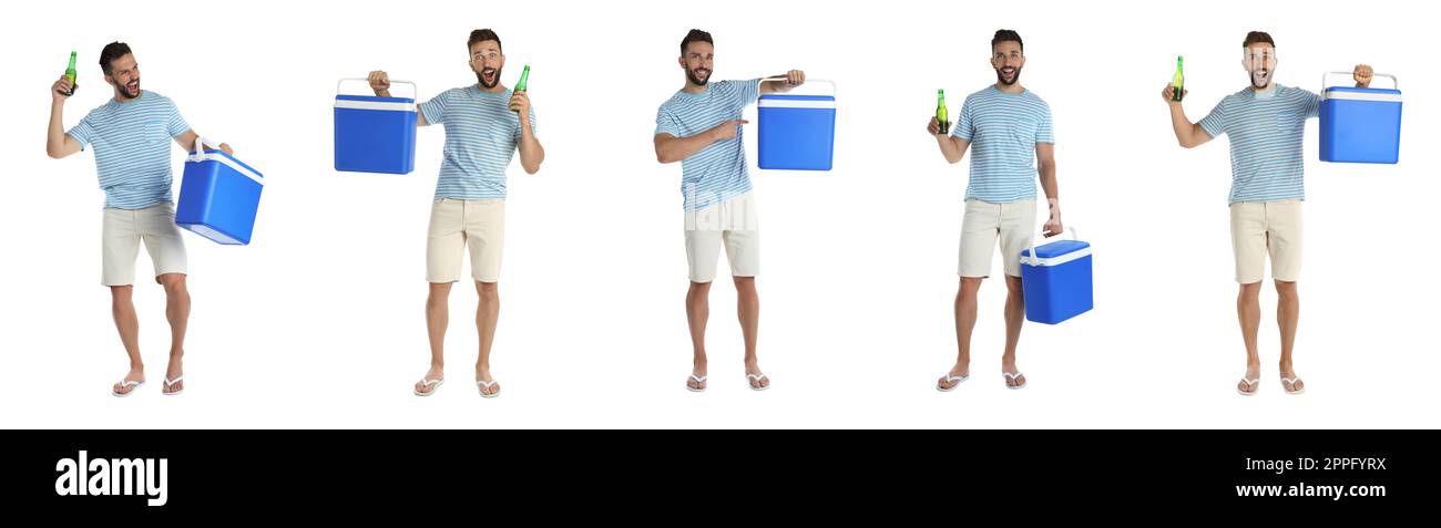 Collage with photos of man holding cool boxes on white background ...